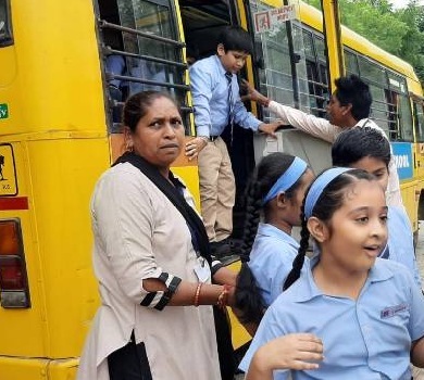 School buses with state-of-the-art technology and safety features.